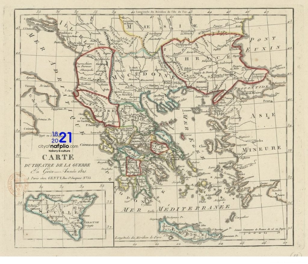 Χάρτης της επανάστασης στην Ελλάδα, 1821 (λεπτομέρεια Πελοπόννησος ...