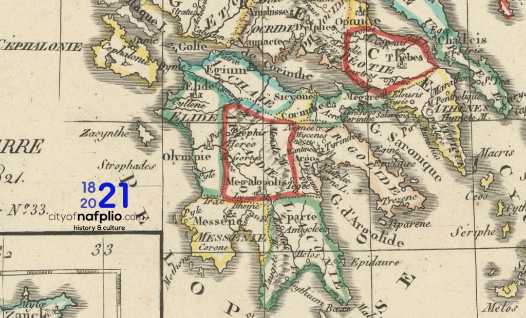 Χάρτης της επανάστασης στην Ελλάδα, 1821 (λεπτομέρεια Πελοπόννησος ...
